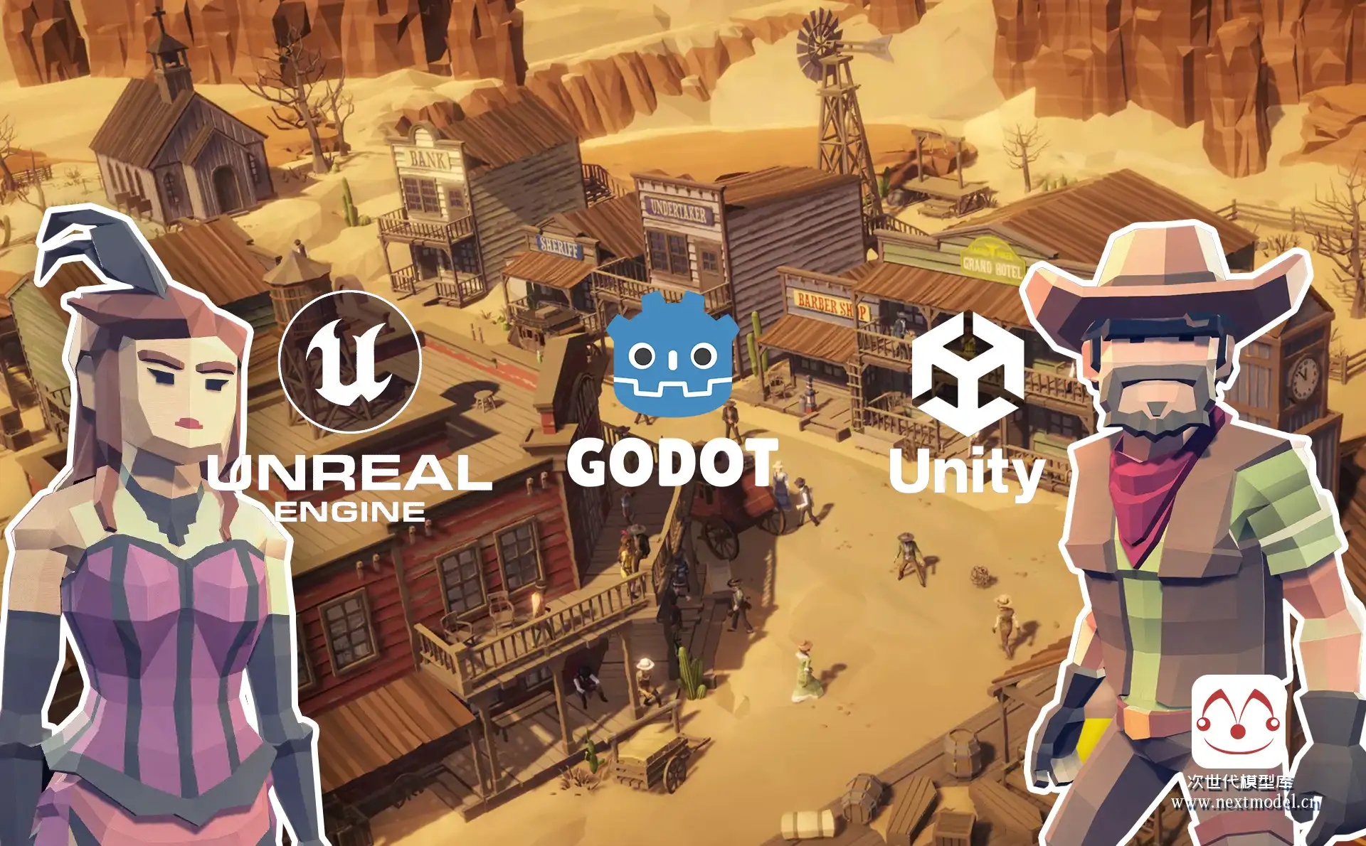 Low Poly风格化美国西部世界场景角色模型包-支持Godot、Unity、UE三大引擎 - 次世代模型库